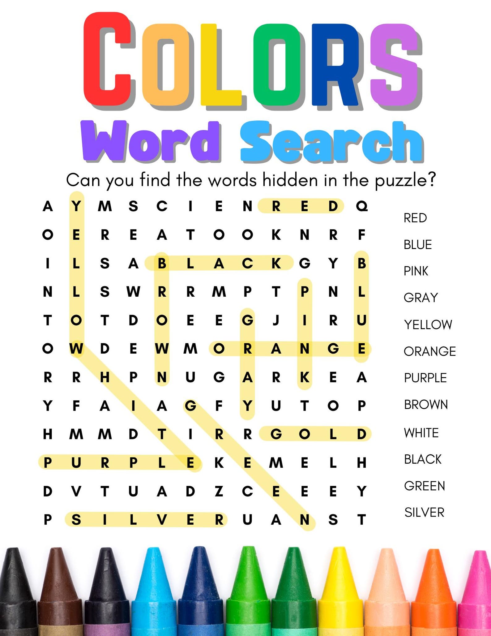 Printable Colors Word Search With Answer Key - Etsy