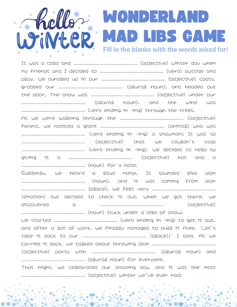 Printable Winter Mad Libs Game - Winter Wonderland - Etsy