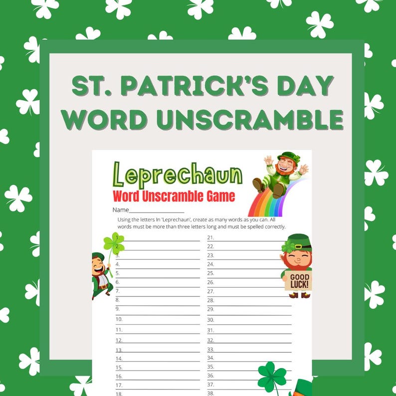 Printable St. Patrick's Day Leprechaun Word Unscramble - Etsy