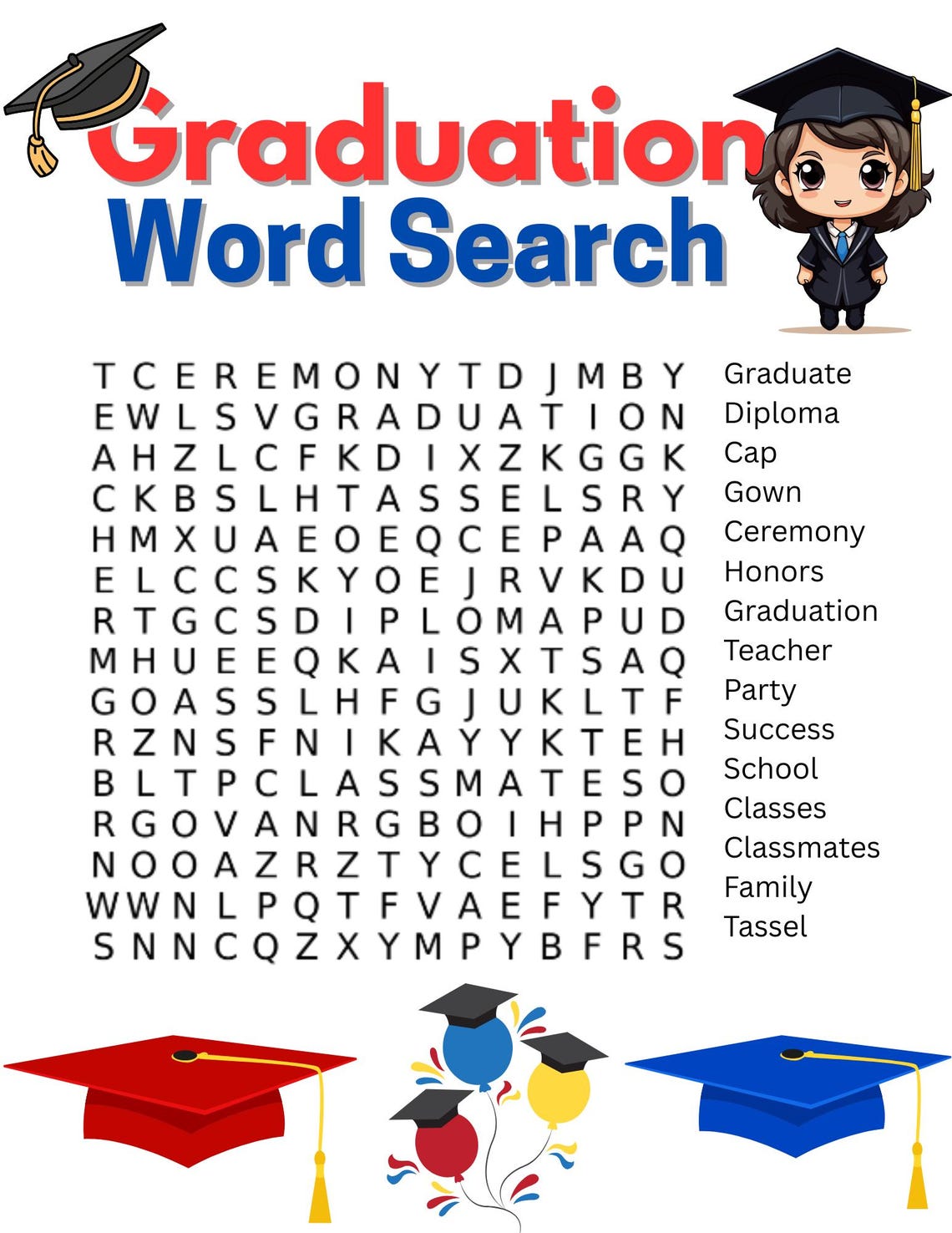 Printable Graduation Word Search Puzzle With Answer Key - Etsy