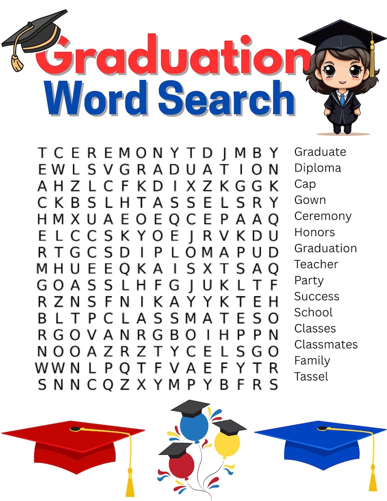 Printable Graduation Word Search Puzzle With Answer Key - Etsy