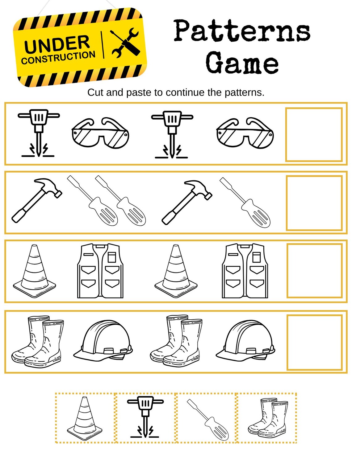 Printable Construction Matching Patterns Game - Great for Construction ...