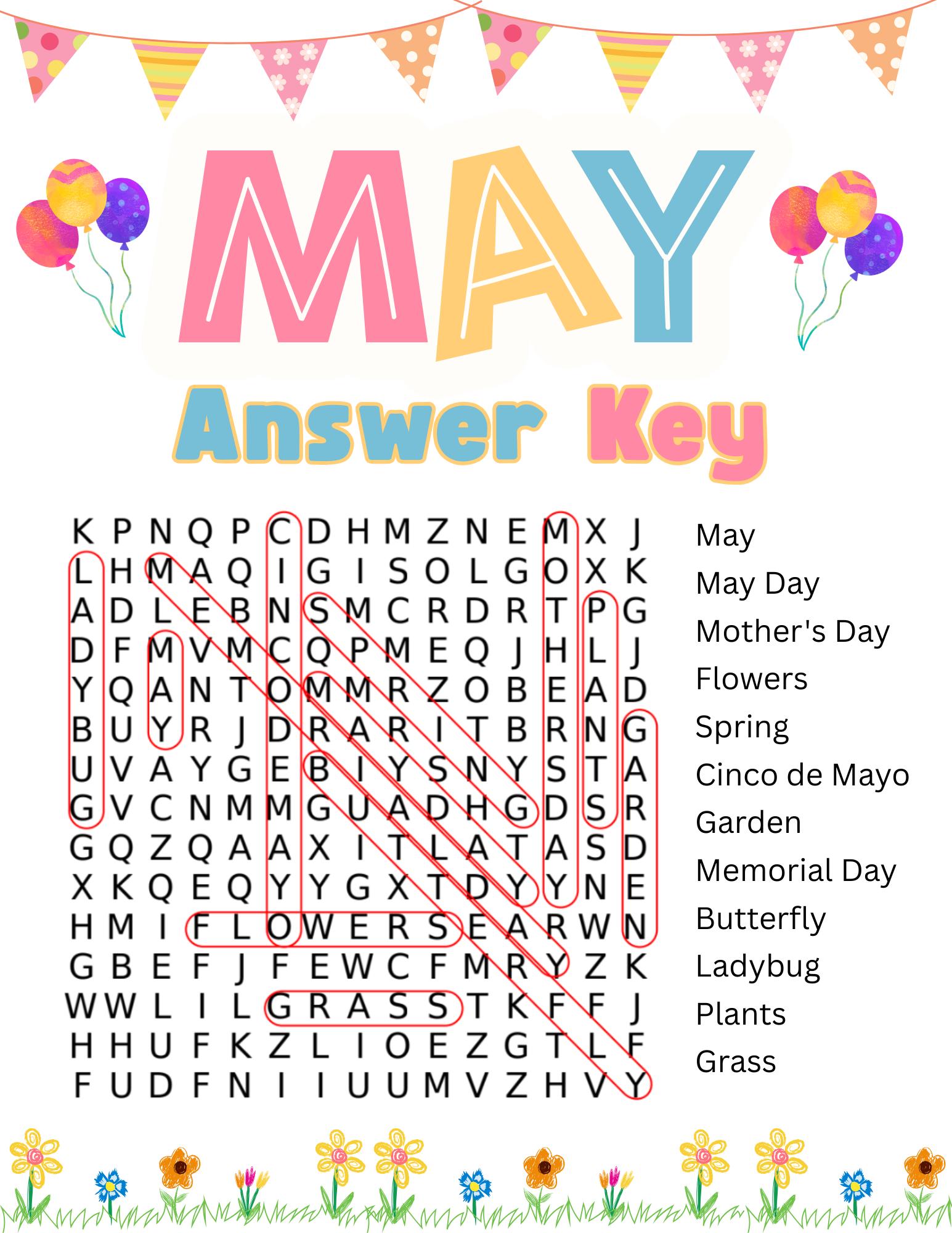 Printable May Word Search Puzzle With Answer Key - Etsy
