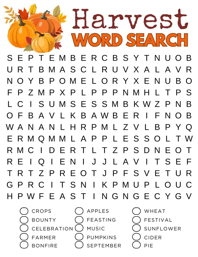 Printables Fall Harvest Word Search Game and Answer Key - Etsy