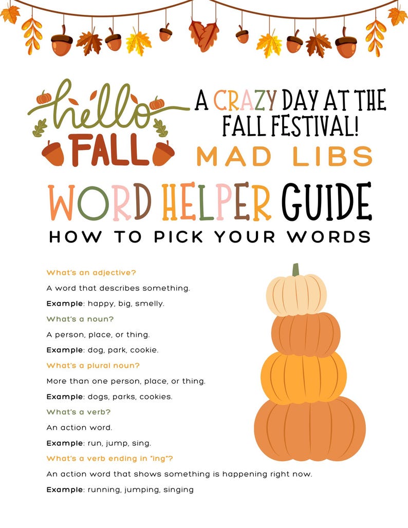 Printable Fall Mad Libs Game - Great for Family Fun at Home, Classroom ...