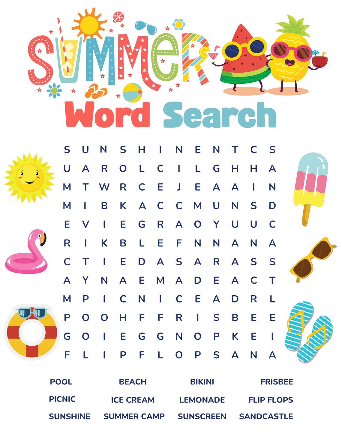 Printable Summer Word Search and Answer Key - Etsy