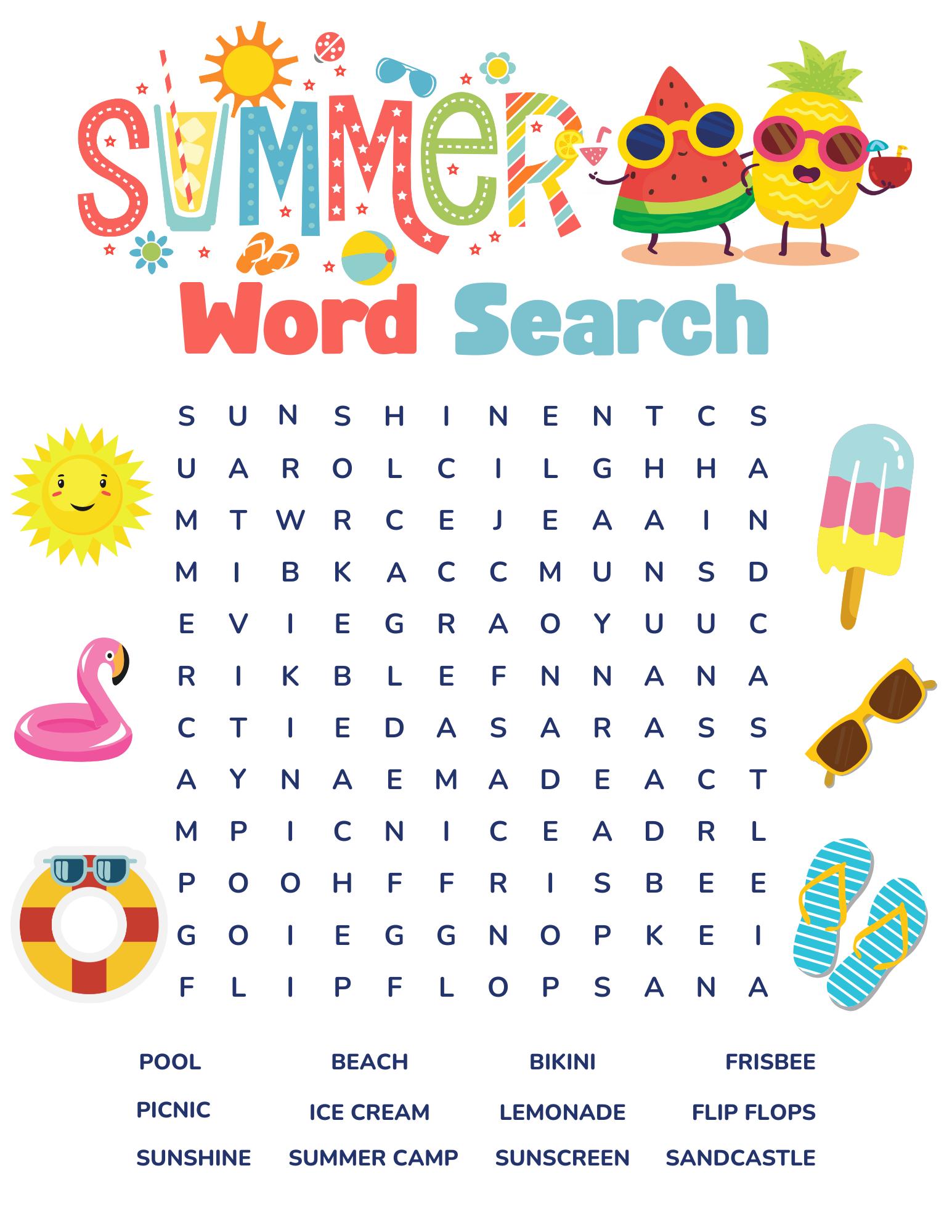 Printable Summer Word Search and Answer Key - Etsy