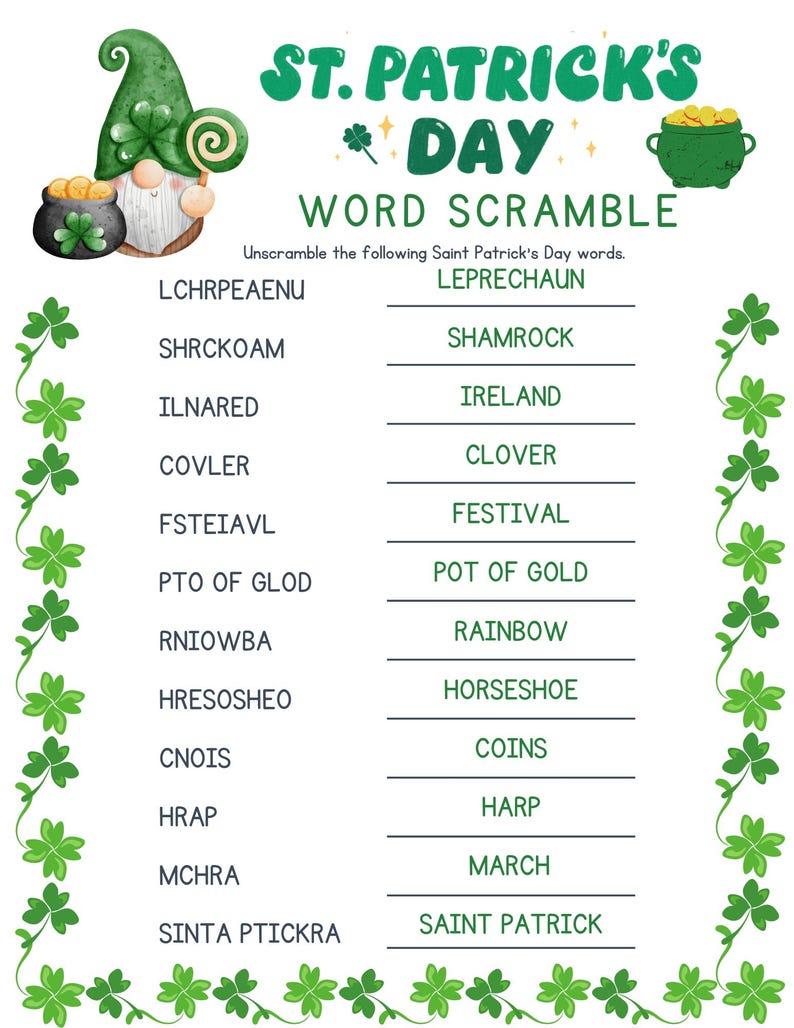 Printable St. Patrick's Day Word Scramble - Etsy