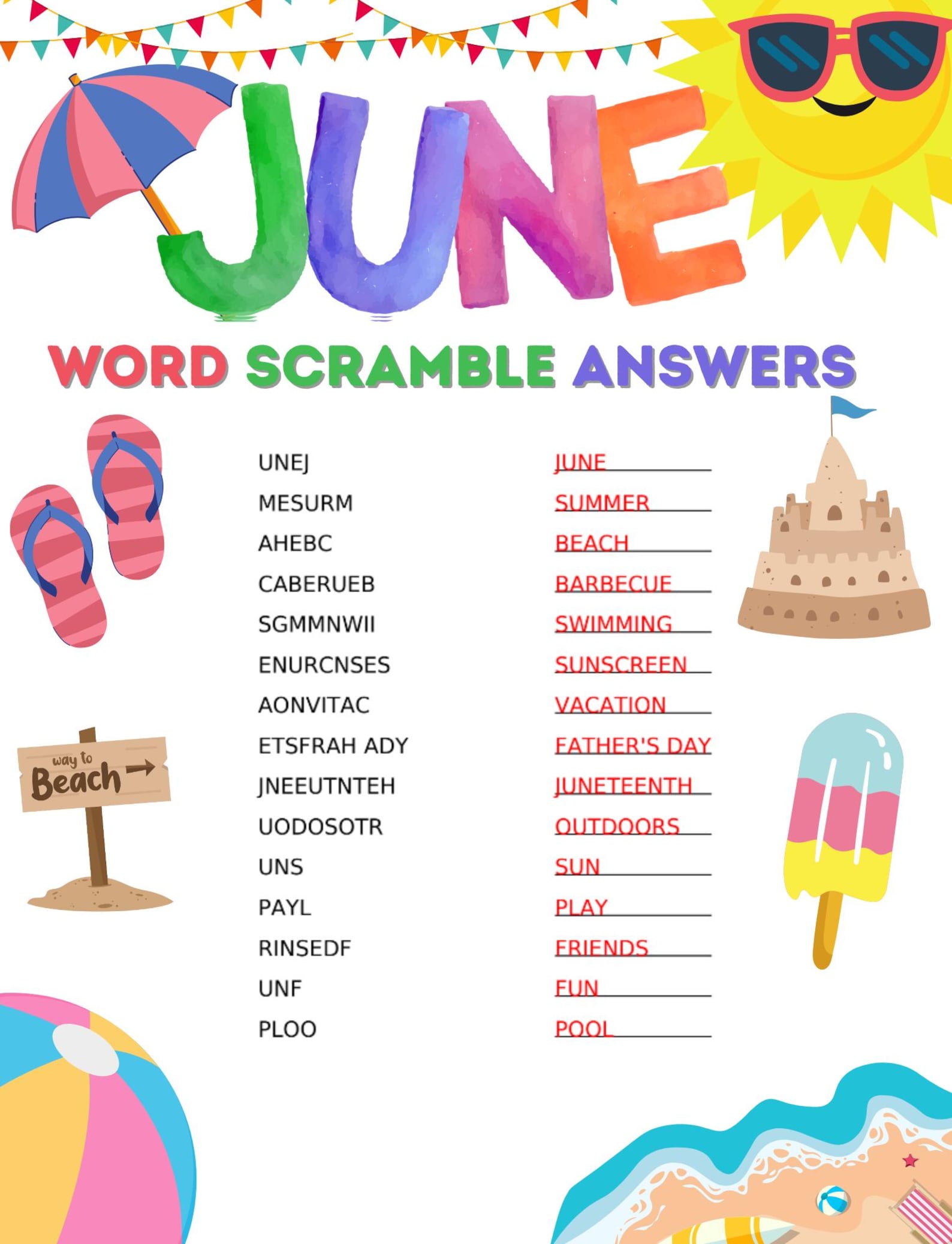 Printable June Word Scramble Puzzle Complete With Answer Key - Etsy