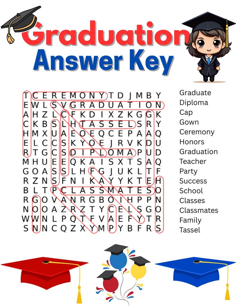 Printable Graduation Word Search Puzzle With Answer Key - Etsy