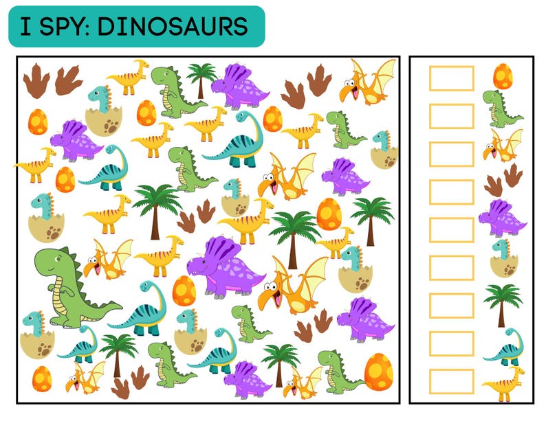 Printable Dinosaur I Spy Game - Fun for a Dinosaur Party, Movie Night ...
