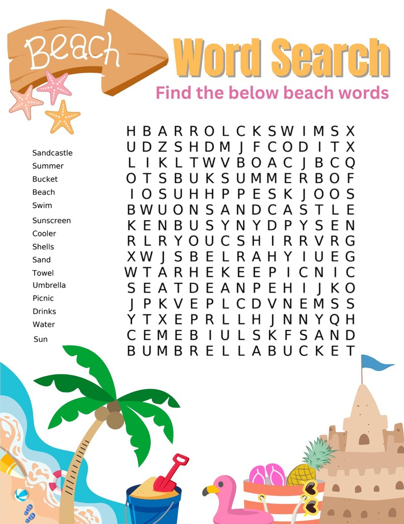 Printable Beach Word Search Complete With Answer Key - Etsy