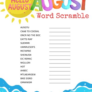 Printable August Word Scramble With Answer Key - Etsy