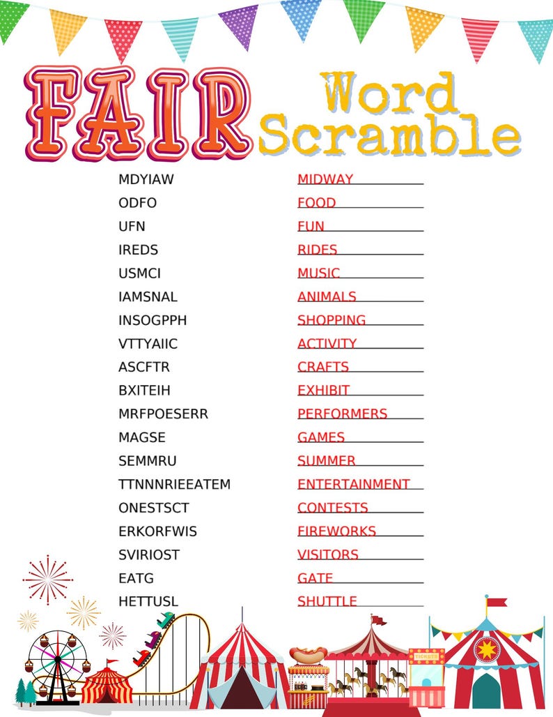 Printable Fair Word Scramble Puzzle With Answer Key - Etsy