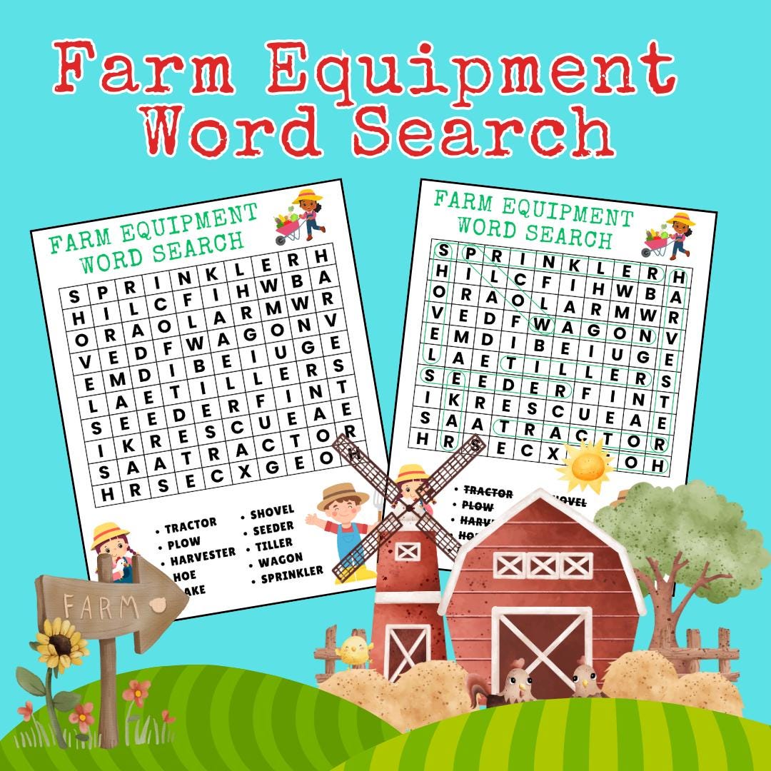 Printable Farm Equipment Word Search and Answer Key - Etsy