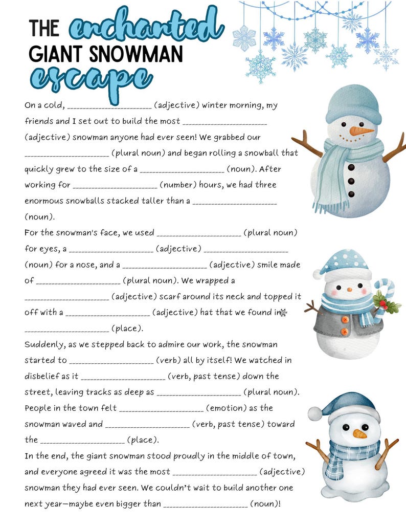 The Great Snowman Escape Winter Mad Libs - Etsy