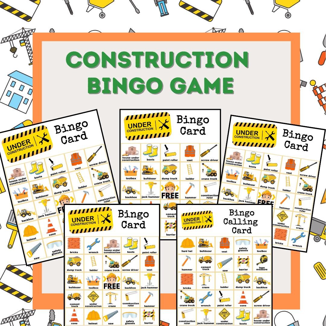 Printable Construction Bingo Game - Complete With Calling Card & 10 ...