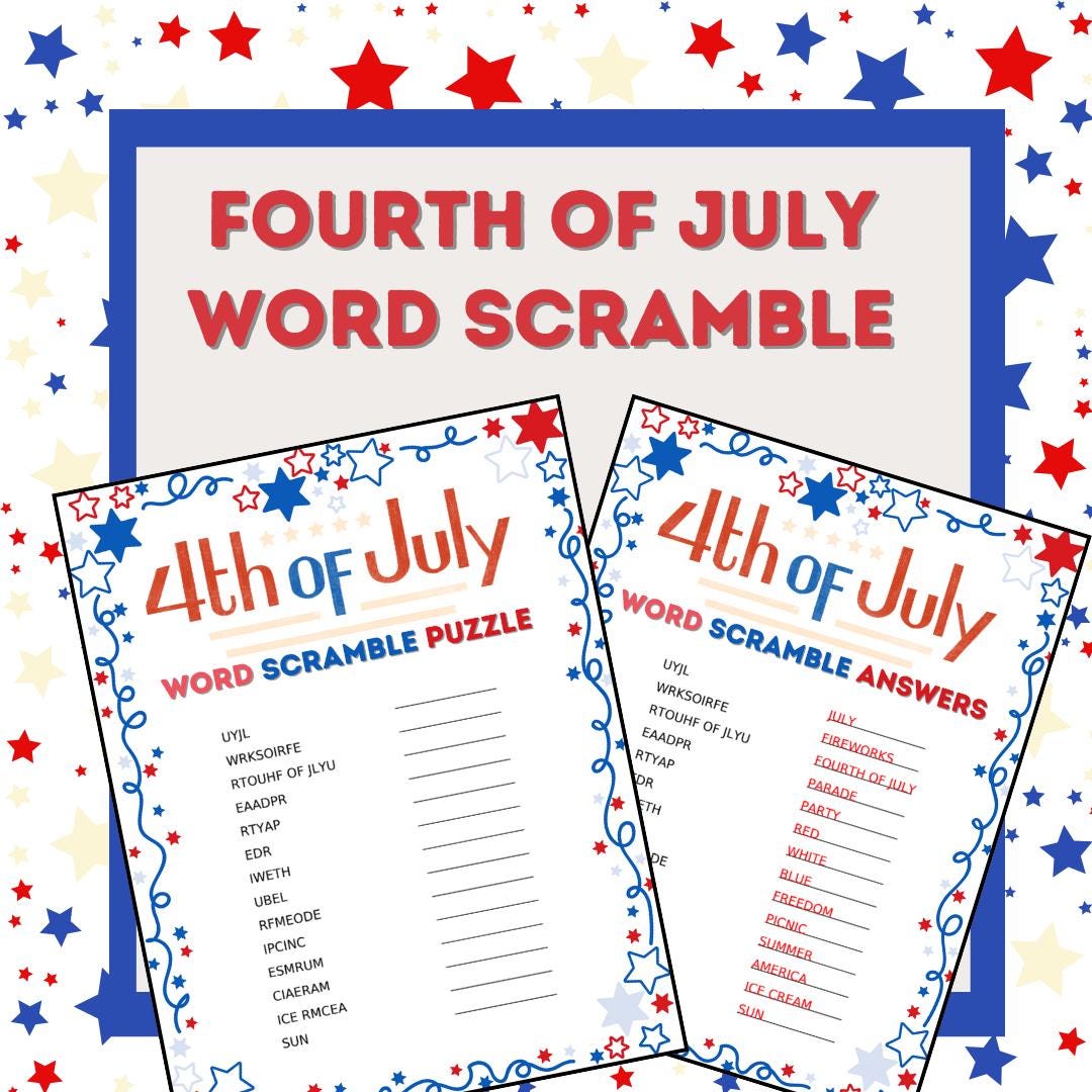 Printable Fourth of July Word Scramble Puzzle With Answer Key - Etsy
