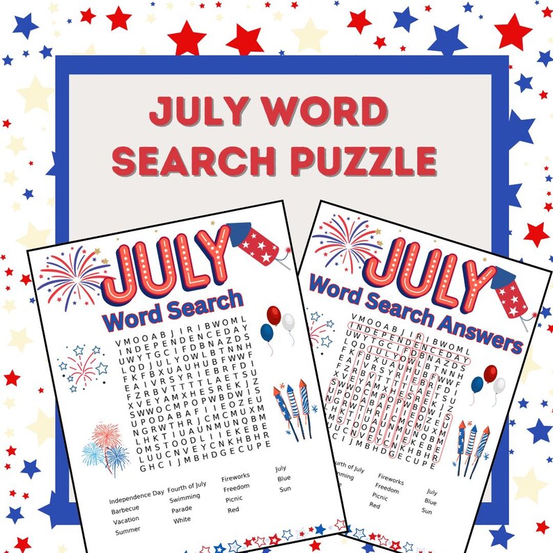 Printable July Word Search for Fourth of July Fun or Summer Activity - Etsy