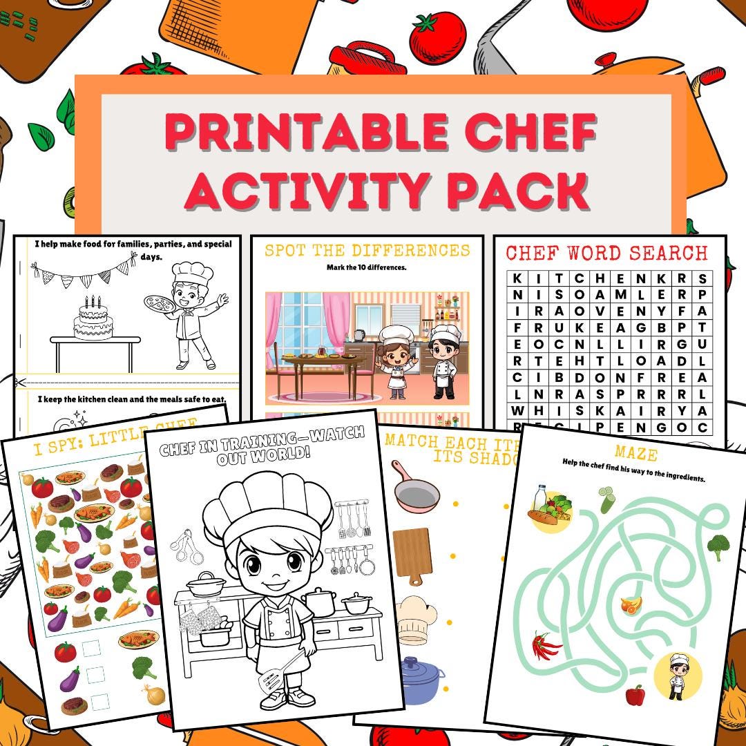 17 Page Printable Chef Activity Pack - Chef Coloring Book, Games ...