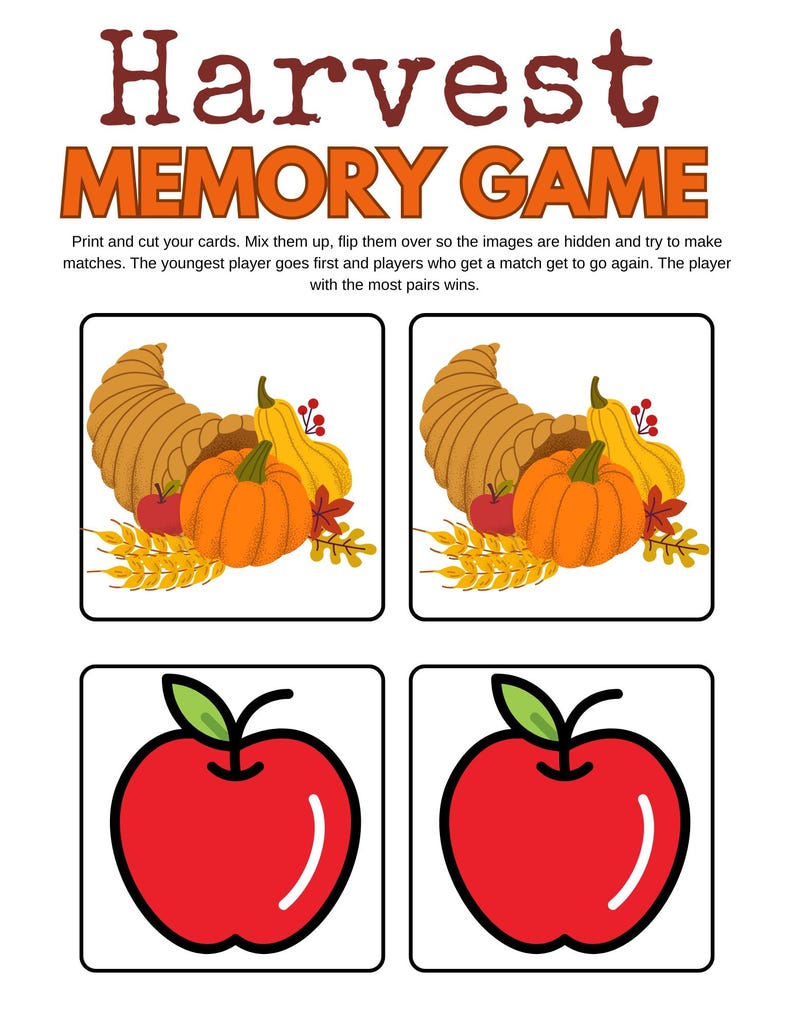 Printable Fall Harvest Memory Game - Match These Autumn Images in This ...