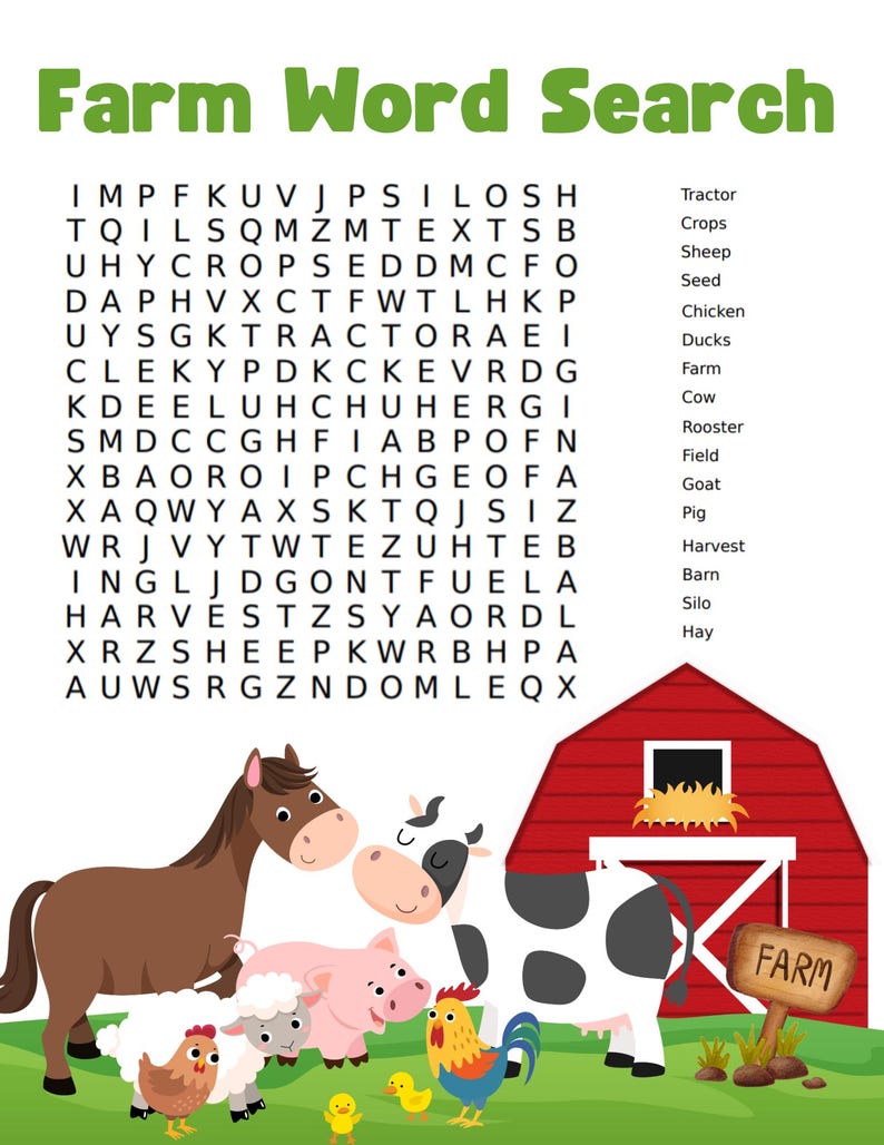 Printable Farm Word Search Complete With Answer Key - Etsy