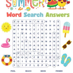 Printable Summer Word Search and Answer Key - Etsy