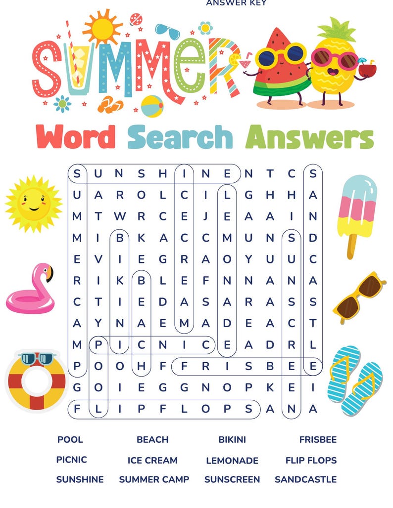 Printable Summer Word Search and Answer Key - Etsy