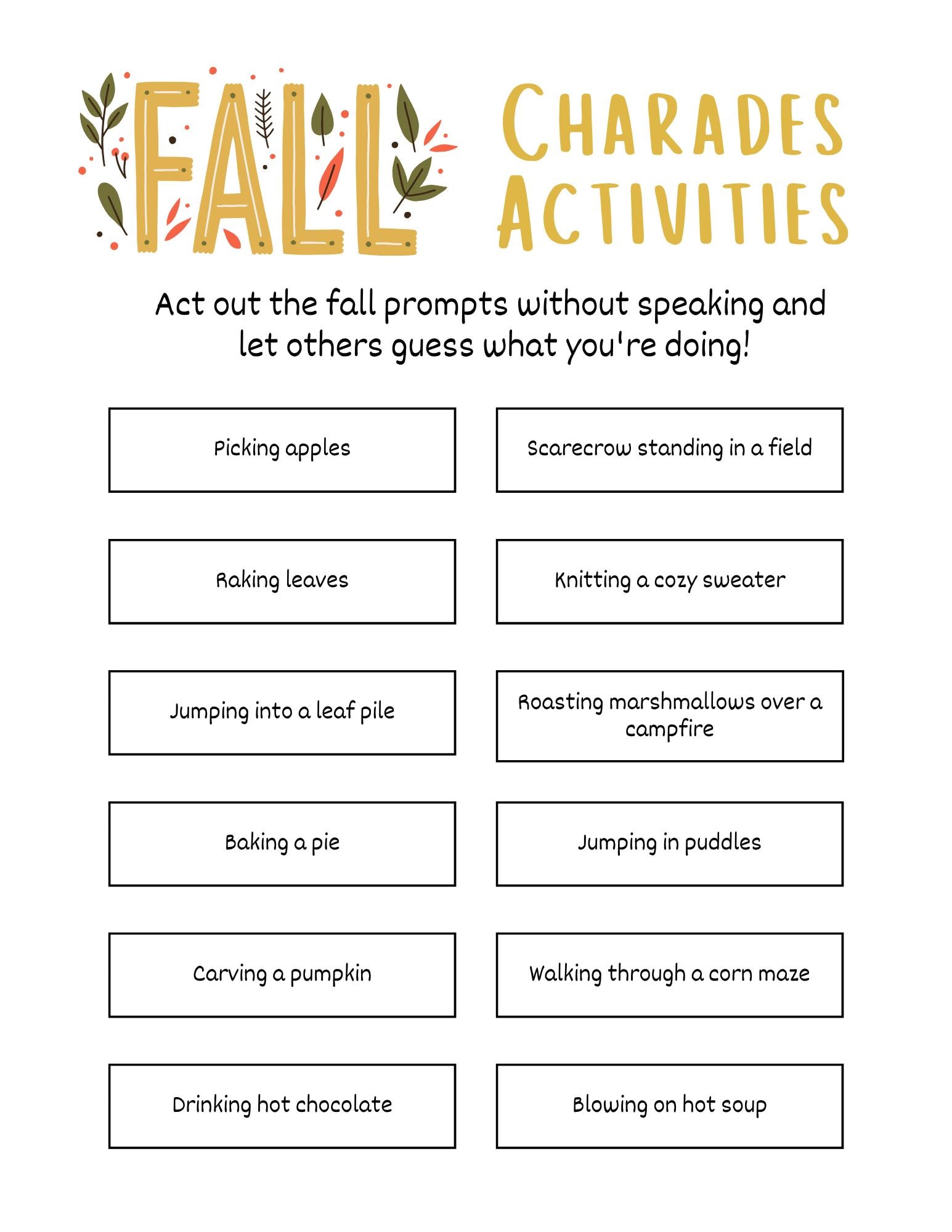 Printable Fall Charades Game - Perfect for Fall Party, Classroom or ...