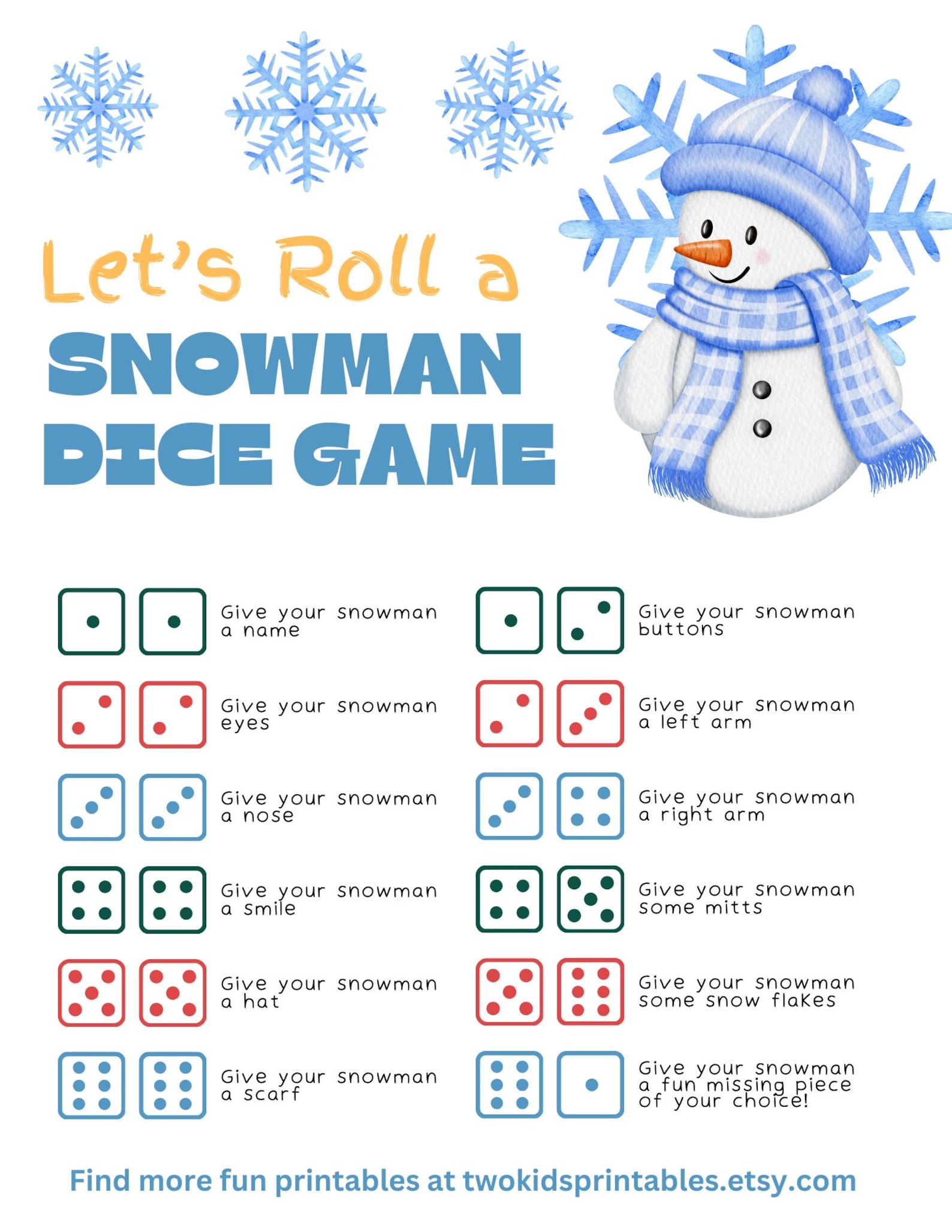 Printable Roll a Snowman Game - Etsy