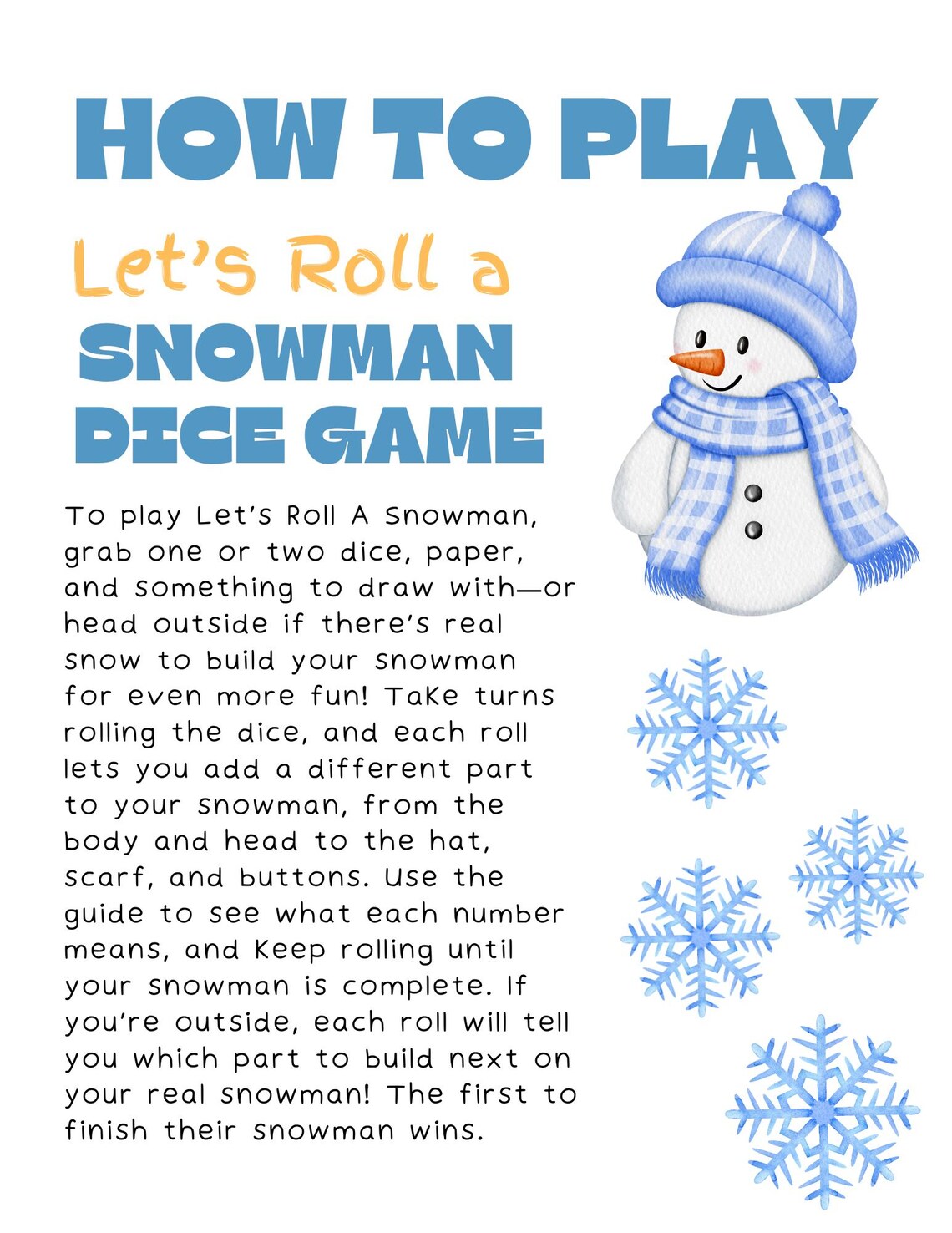Printable Roll a Snowman Game - Etsy