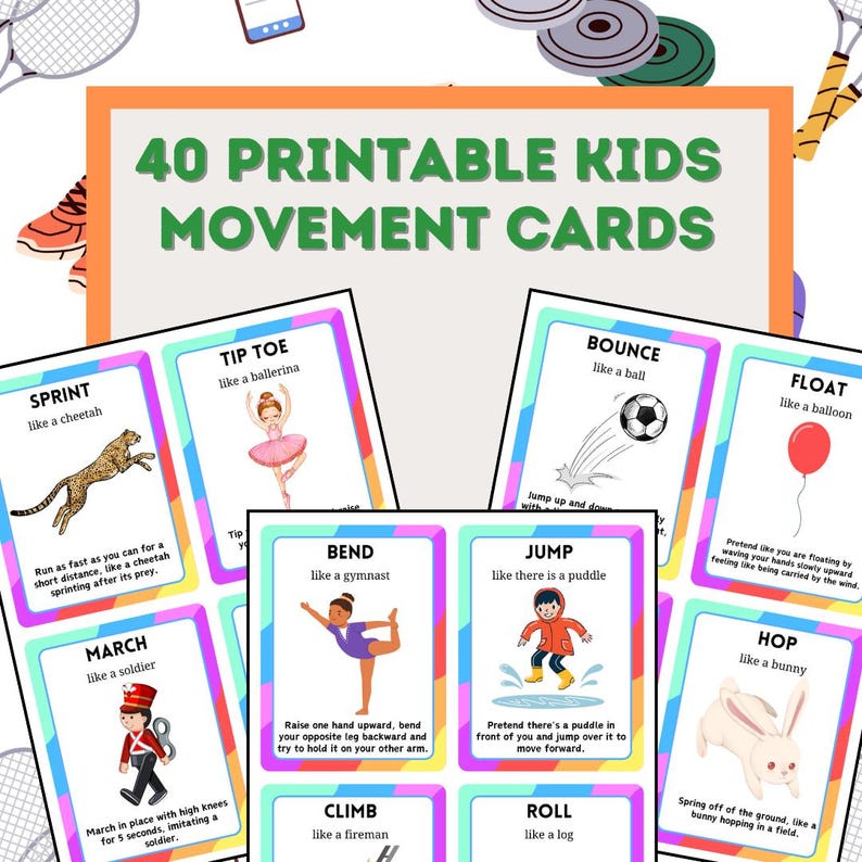 40 Fun Printable Movement Cards for Kids - Etsy