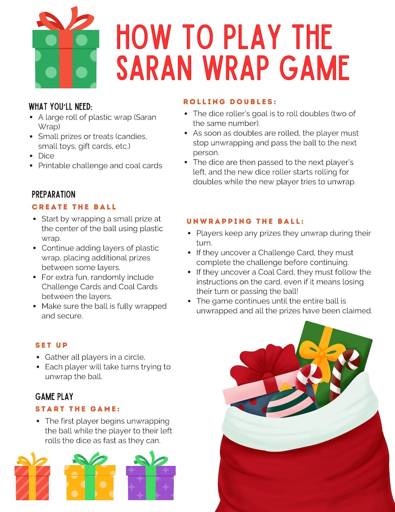 Christmas Saran Wrap Game With Challenge and Coal Cards - Etsy