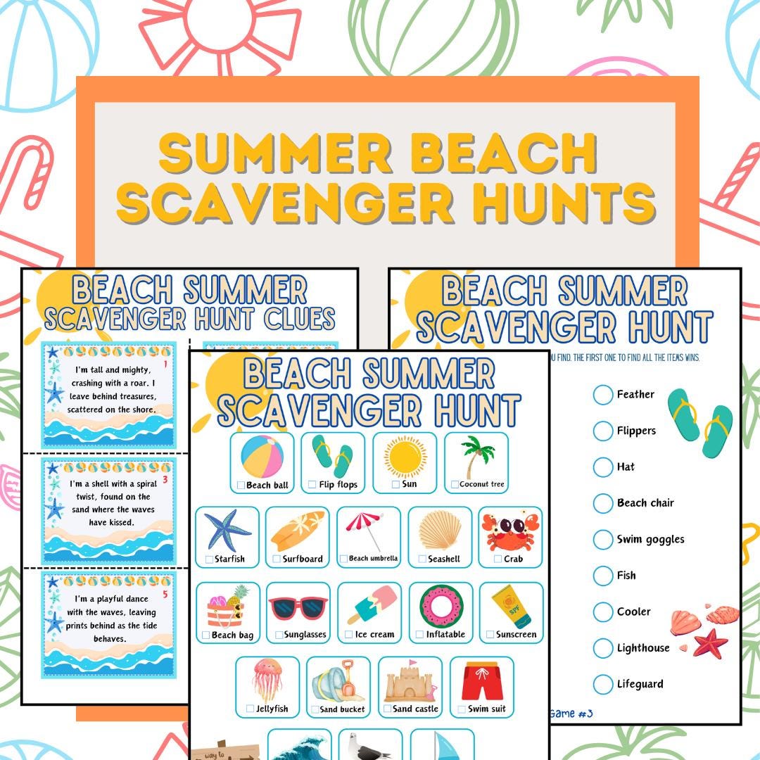 Printable Beach Scavenger Hunt Bundle - 3 Separate Games for Different ...