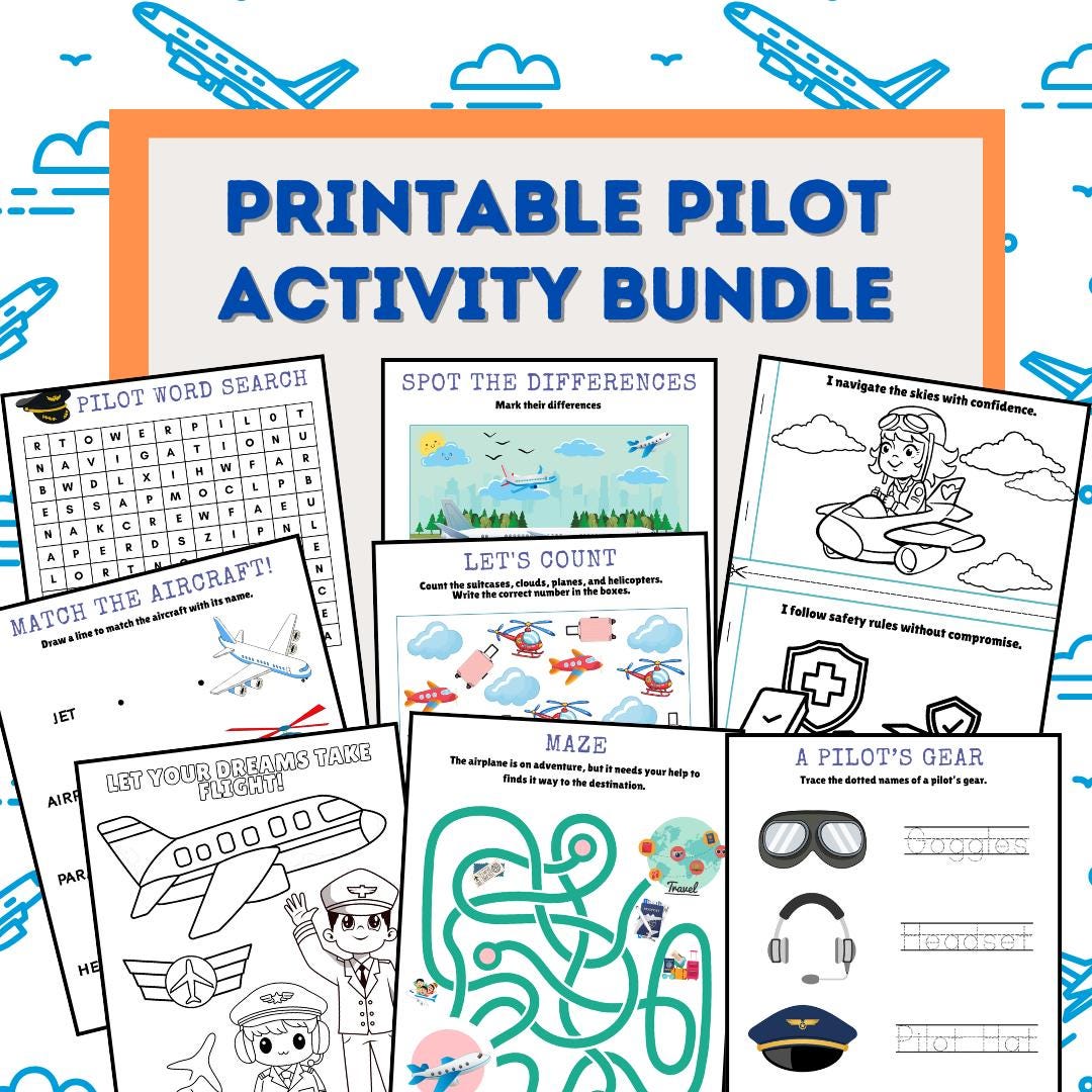 18 Page Printable Pilot Activity Bundle - Pilot Coloring Pages, Word ...