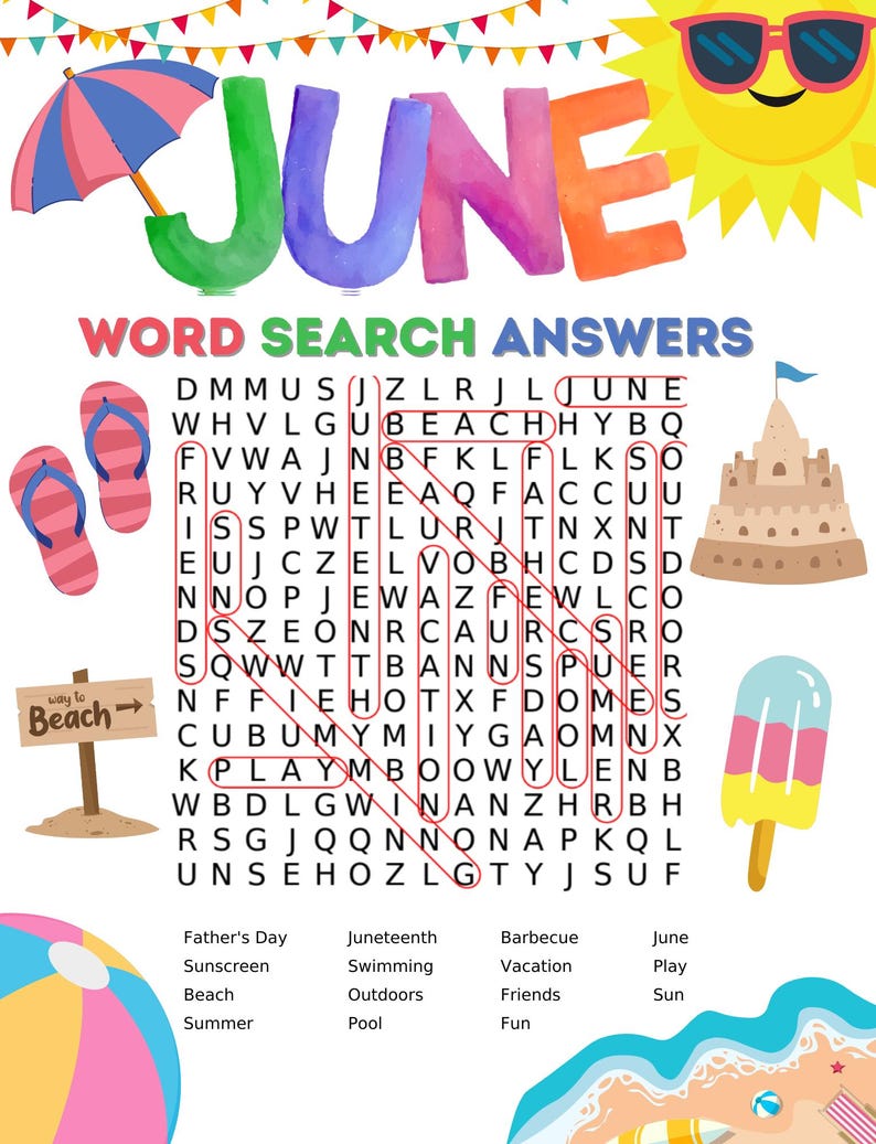 Printable June Word Search Puzzle Complete With Answer Key - Etsy