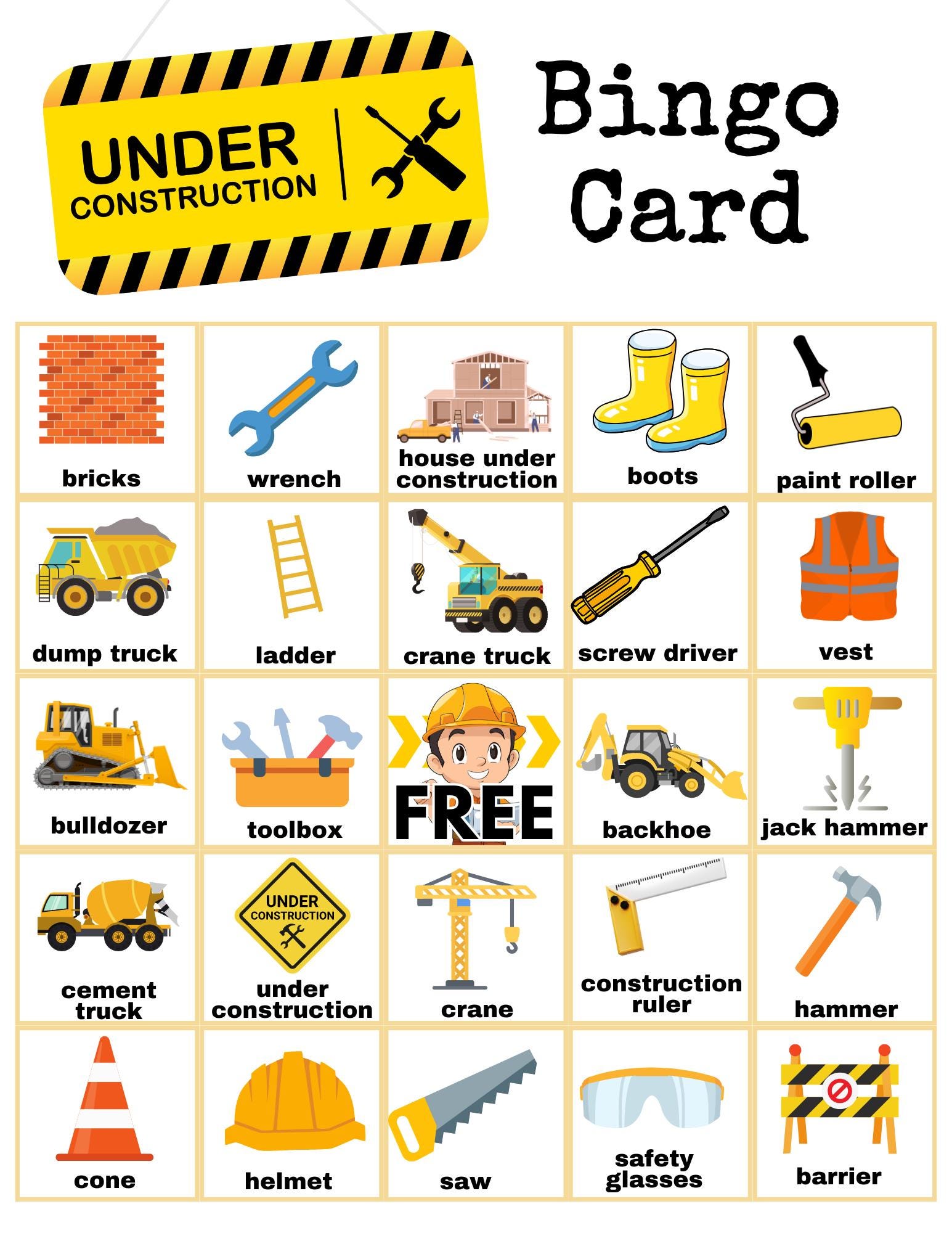 Printable Construction Bingo Game - Complete With Calling Card & 10 ...