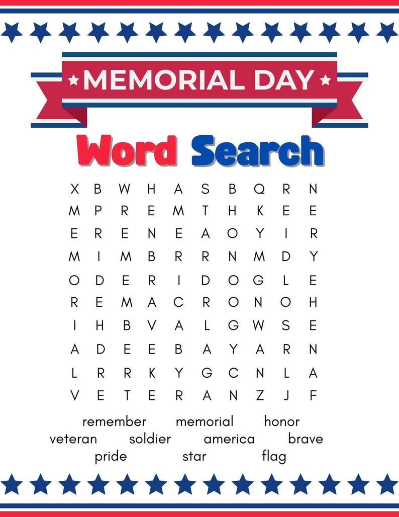 Printable Memorial Day Word Search - Etsy