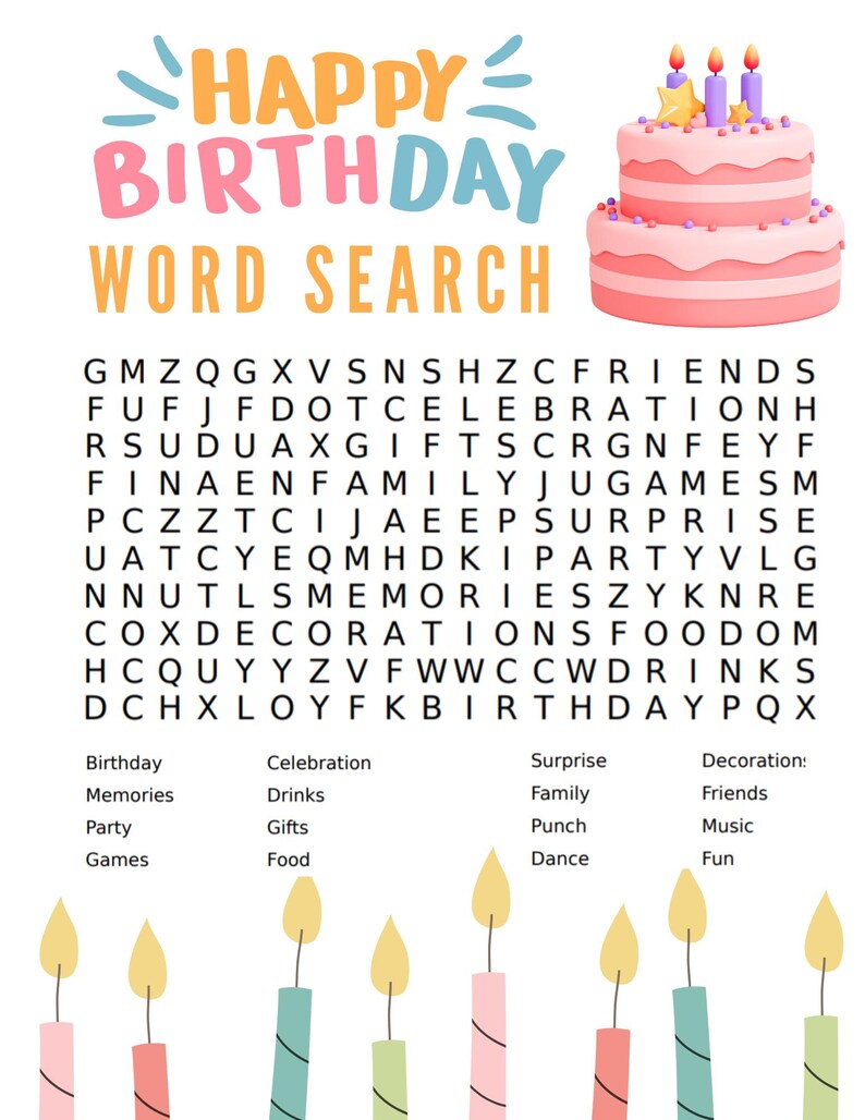 Printable Birthday Word Search With Answer Key - Etsy