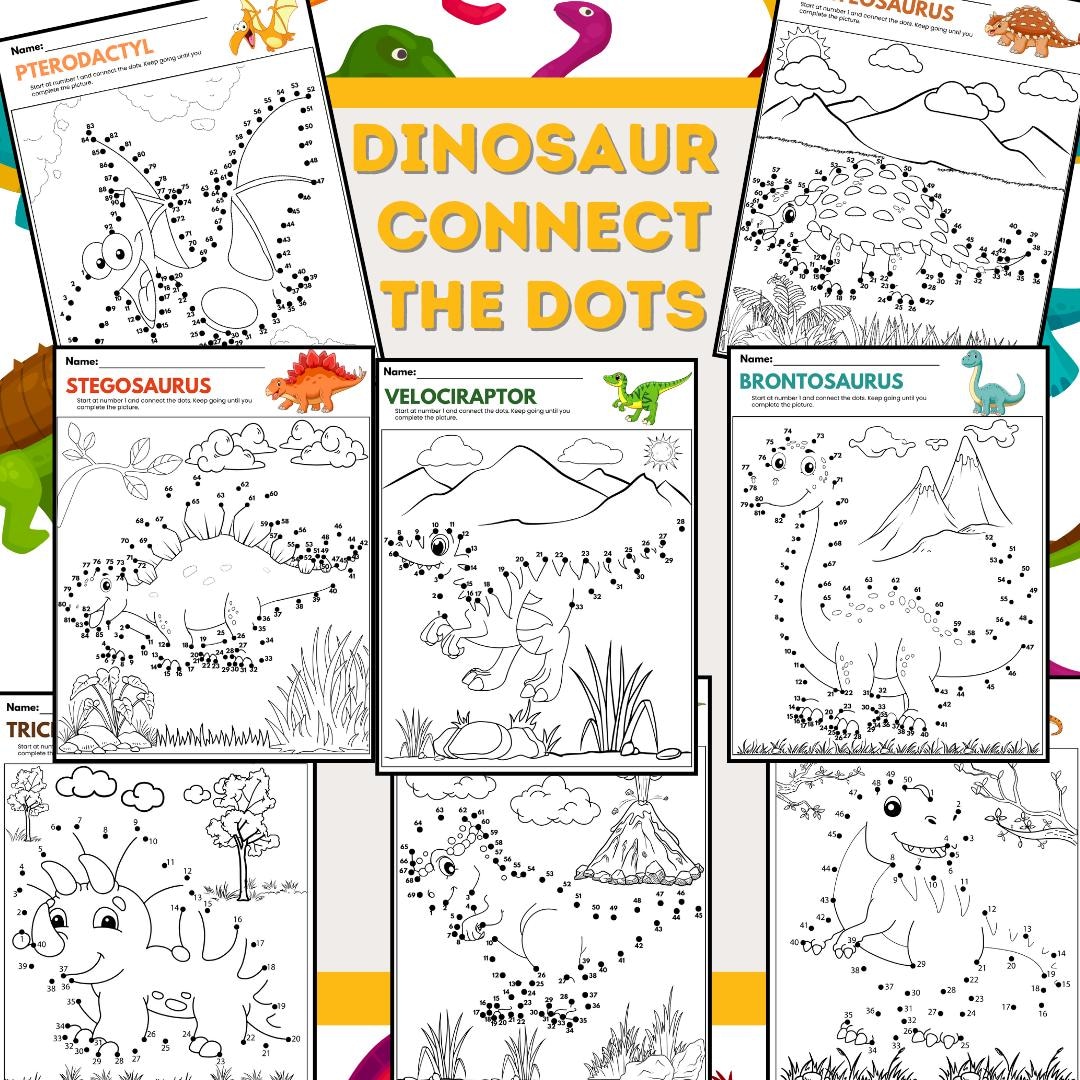 10 Printable Connect the Dots Dinosaur Coloring Pages - Etsy