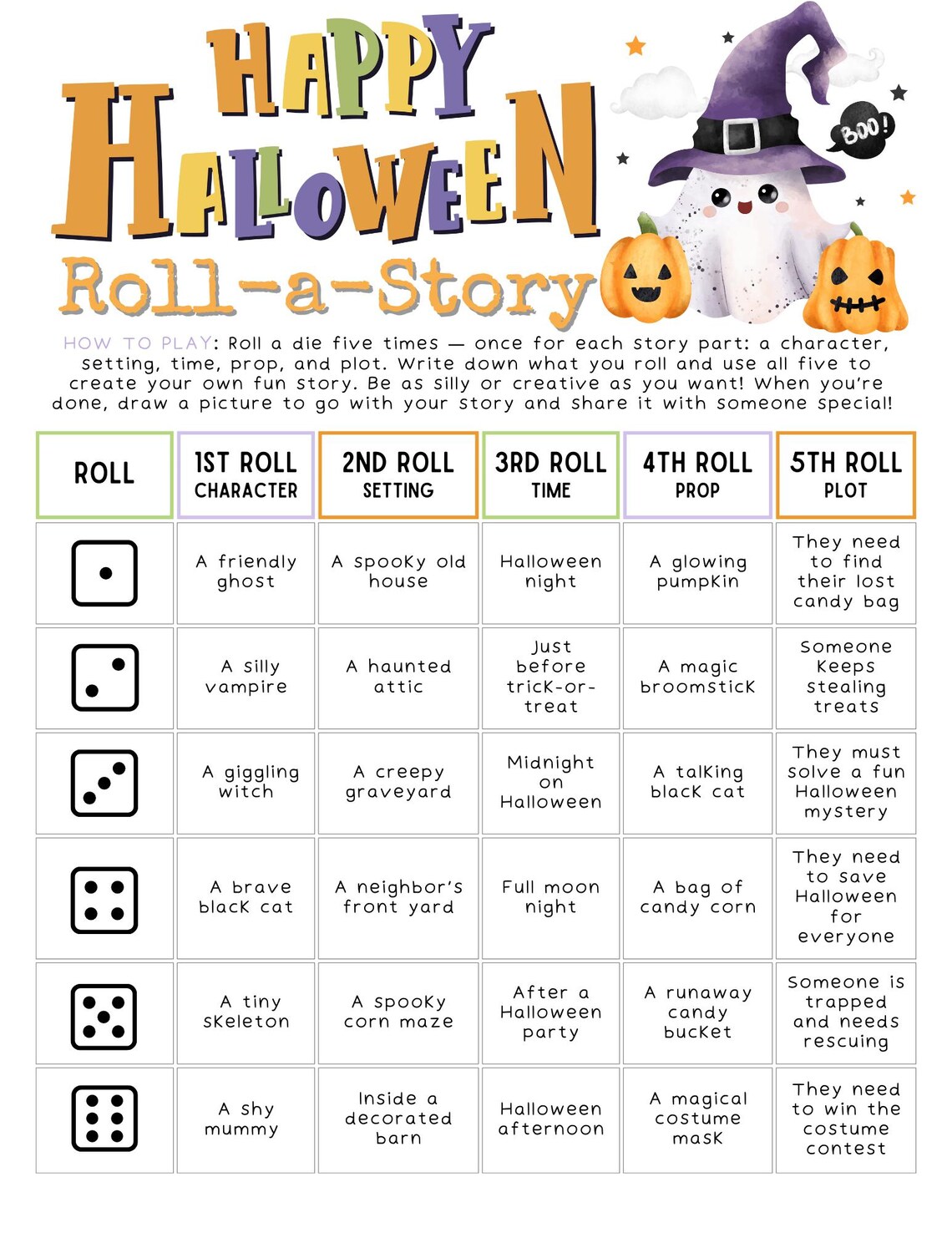 Printable Halloween Roll a Story Writing Prompts for Kids - Etsy