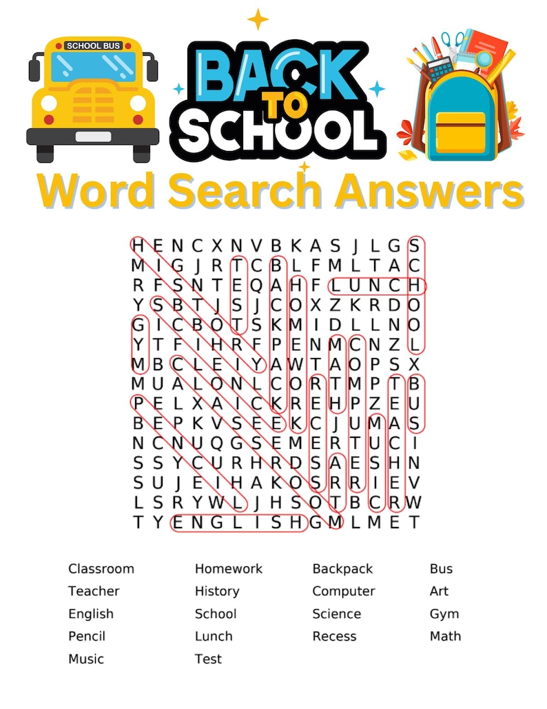 Printable Back to School Word Search With Answer Key - Etsy