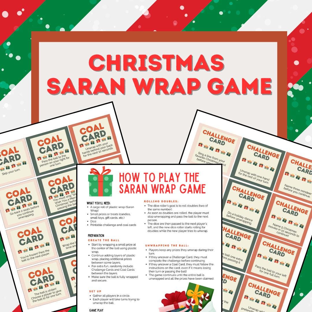 Christmas Saran Wrap Game With Challenge and Coal Cards - Etsy