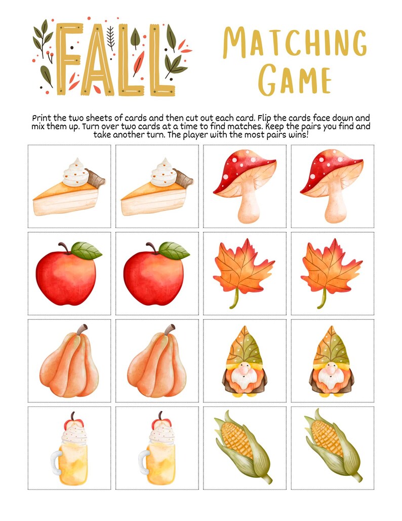 Printable Fall Matching Game - Fun for Fall Party, Learning at Home or ...