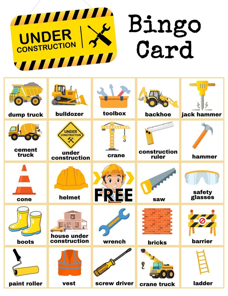 Printable Construction Bingo Game - Complete With Calling Card & 10 ...