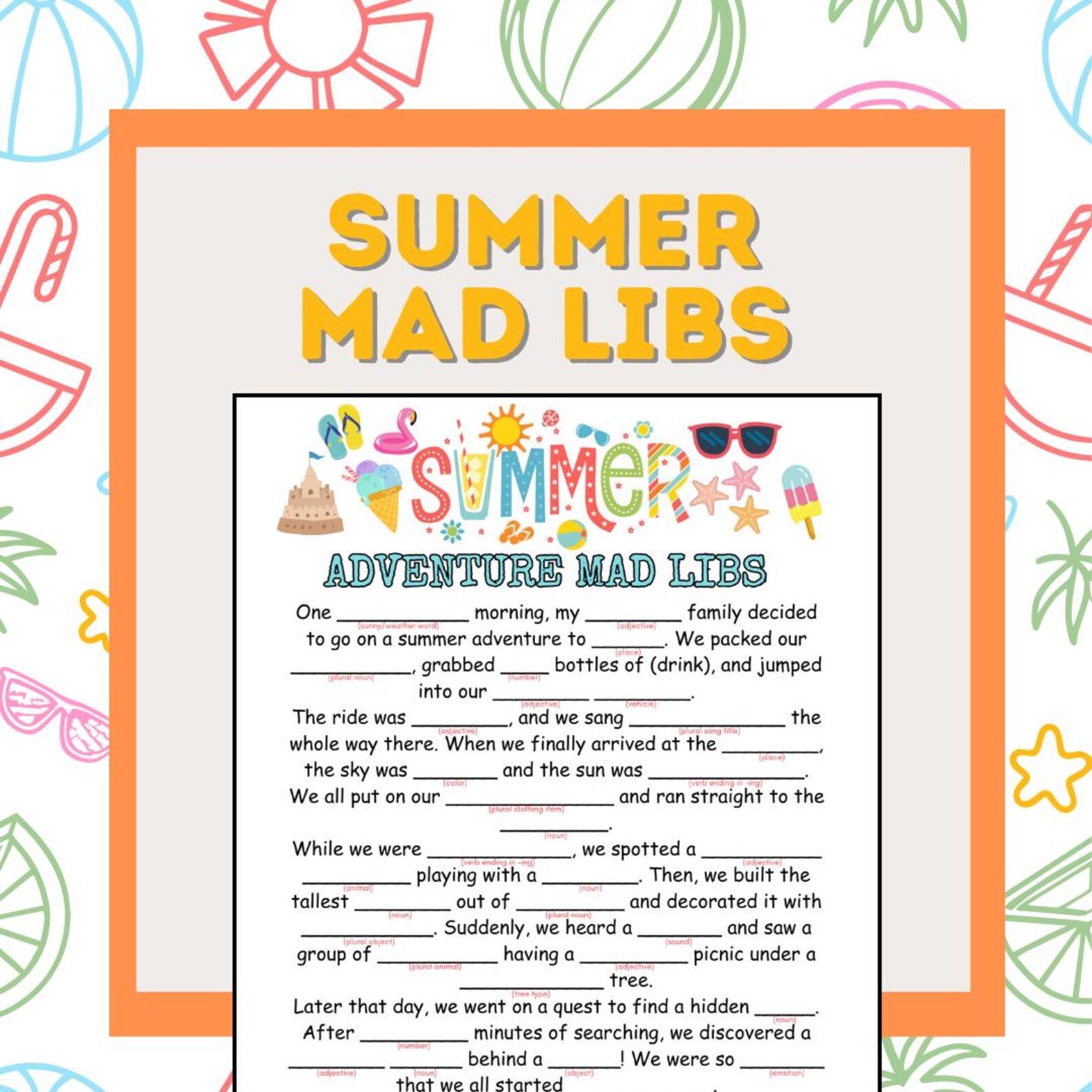 Printable Summer Mad Libs Game - Etsy