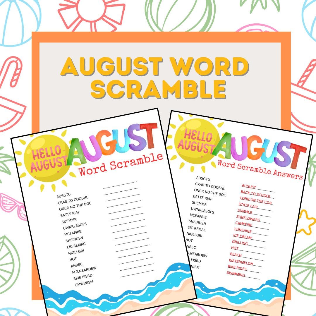 Printable August Word Scramble With Answer Key - Etsy