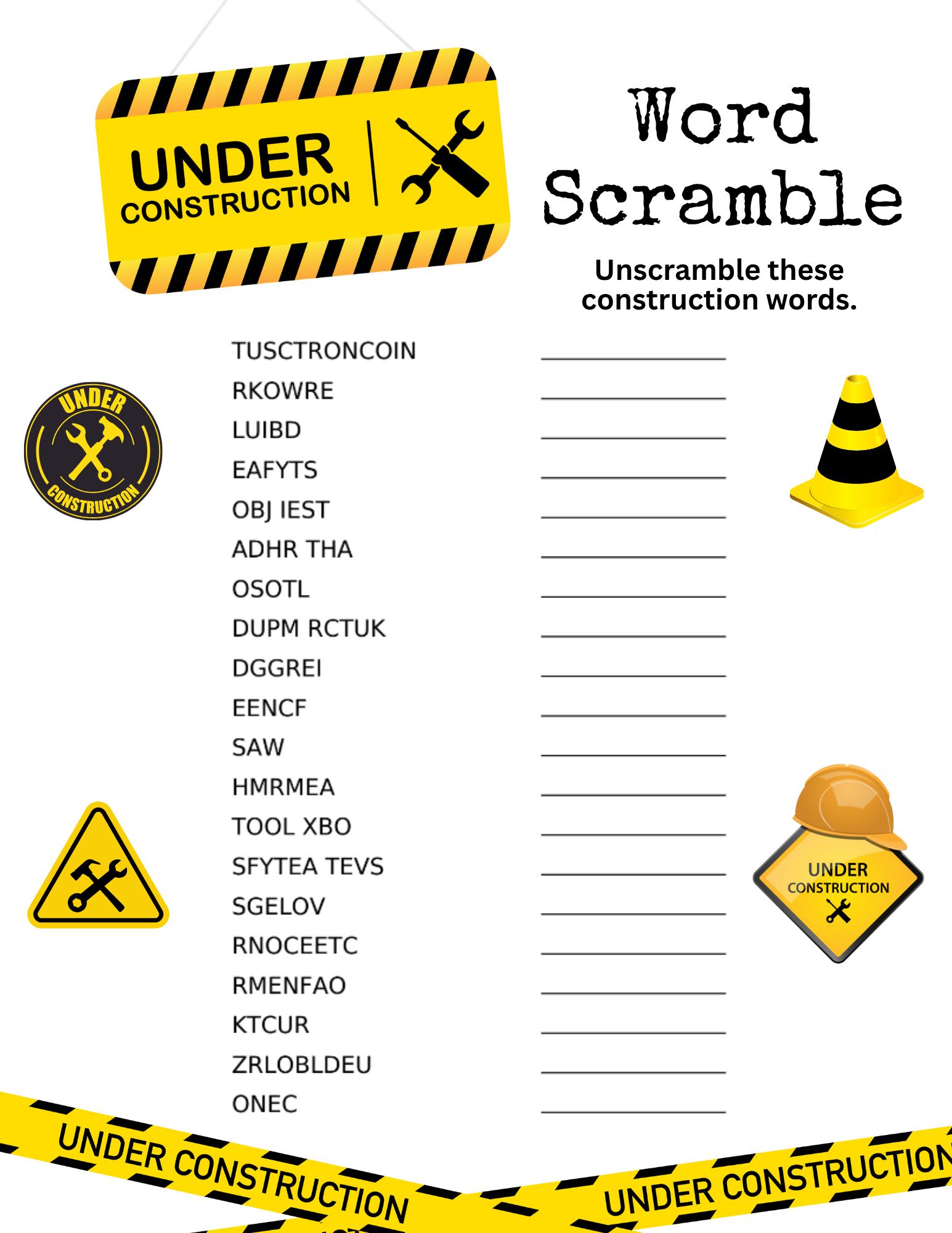 Printable Construction Word Scramble With Answer Key - Fun for ...