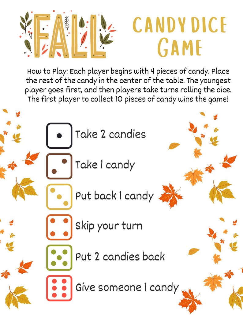 Printable Fall Candy Dice Game - Fun for Fall Party, Gatherings or to Use in Classroom - Etsy