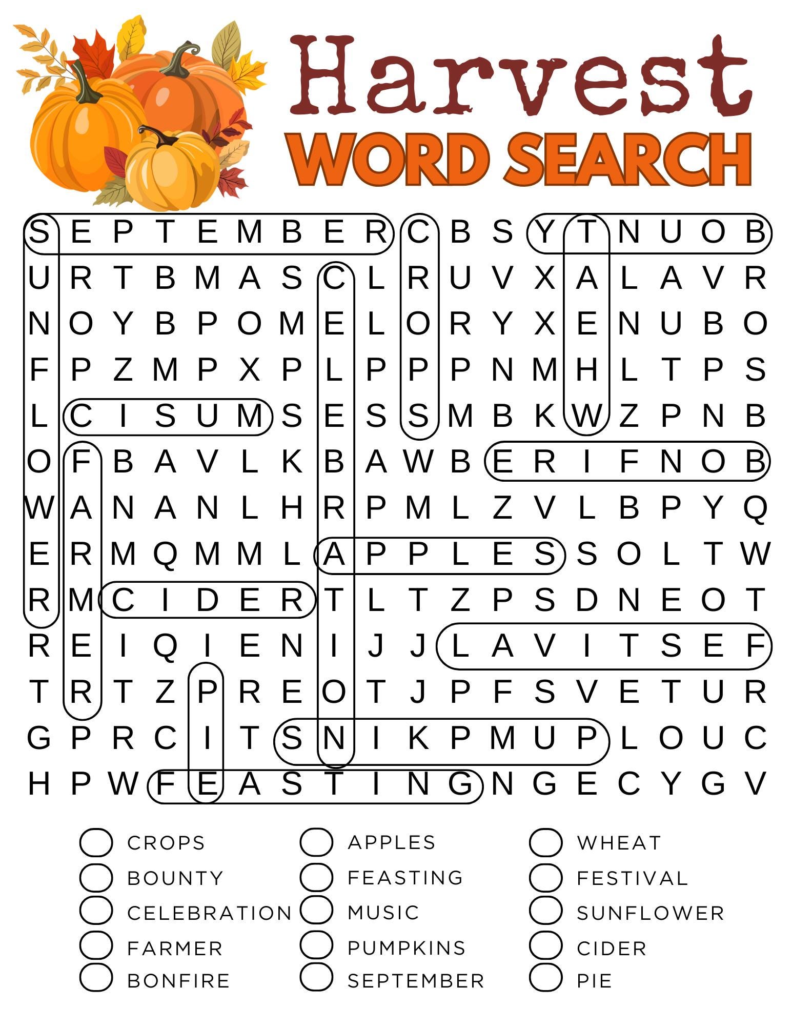 Printables Fall Harvest Word Search Game and Answer Key - Etsy